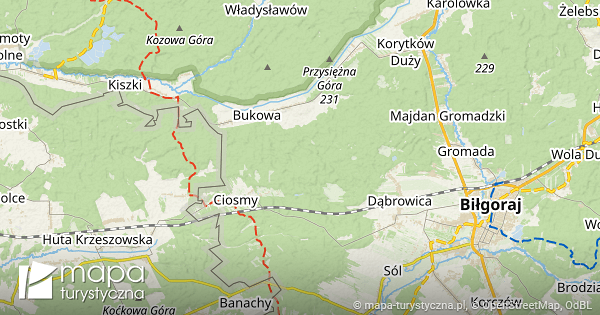 Równina Biłgorajska - mapa szlaków turystycznych | mapa-turystyczna.pl