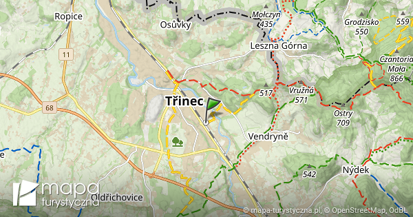 Třinec centrum, žst. - mapa szlaków turystycznych | mapa-turystyczna.pl
