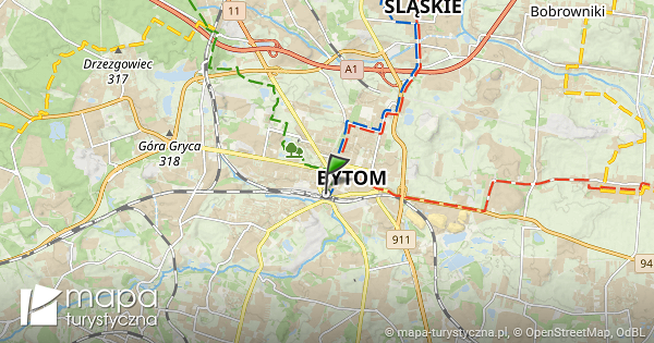 Bytom, dworzec PKP - mapa szlaków turystycznych | mapa-turystyczna.pl