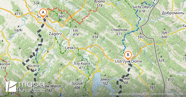 Trasa: Sanok, dworzec kolejowy – Ustrzyki Dolne | mapa-turystyczna.pl