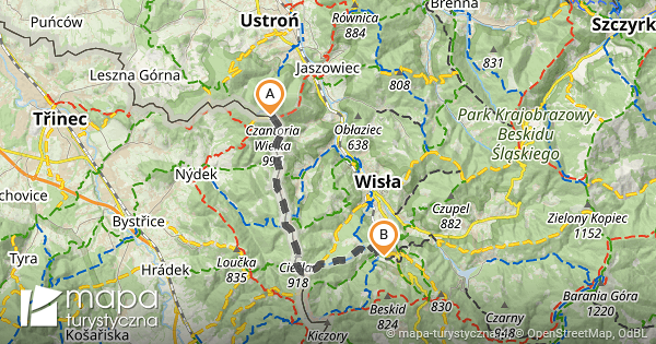 Trasa: Czantoria Wielka – Wisła, Głębce | mapa-turystyczna.pl