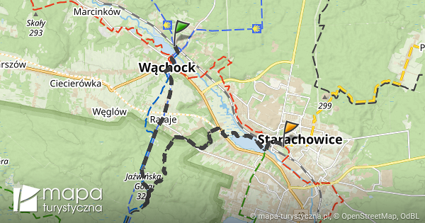 Trasa: Wąchock, PKP – Starachowice, początek czarnego szlaku | mapa-turystyczna.pl