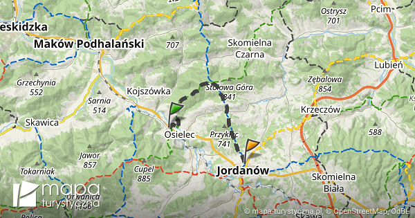 Trasa: Osielec – Jordanów, stacja paliw | mapa-turystyczna.pl