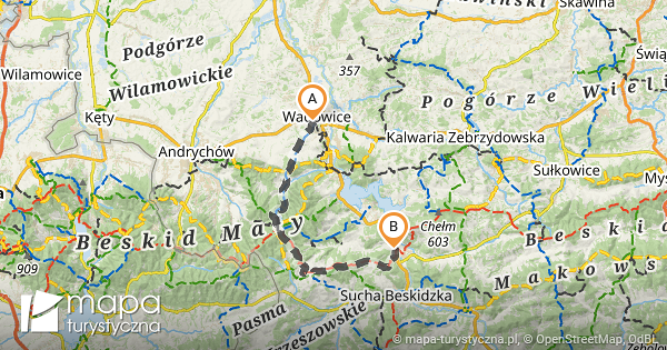 Trasa: Wadowice, Aleja Wolności – Zembrzyce | mapa-turystyczna.pl