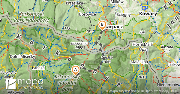 Trasa: Dvorská bouda – Karpacz, ul. Olimpijska | mapa-turystyczna.pl