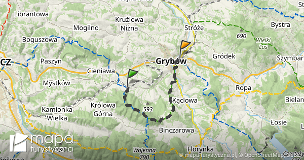 Trasa: Ptaszkowa – Grybów, stacja kolejowa | mapa-turystyczna.pl