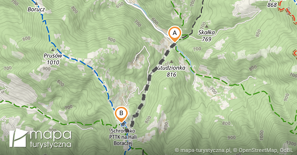 Trasa: Żabnica, Skałka – Schronisko PTTK Na Hali Boraczej | mapa ...