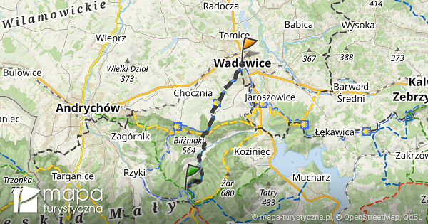Trasa: Przełęcz pod Gancarzem – Wadowice | mapa-turystyczna.pl