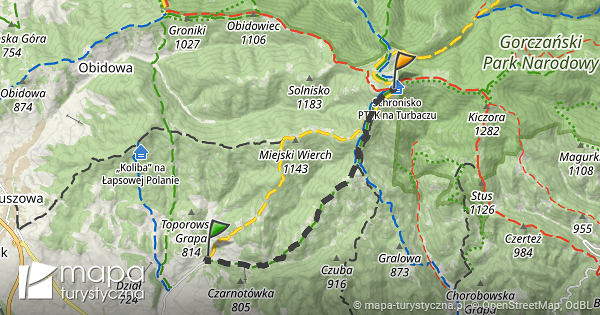 Trasa: Nowy Targ, Oleksówki – Schronisko PTTK Turbacz | mapa-turystyczna.pl