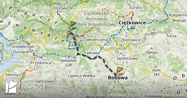 Trasa: Jamna, skrzyżowanie szlaków – Bobowa | mapa-turystyczna.pl