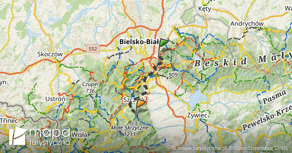 Trasa: Bielsko-Biała, Straconka – Schronisko PTTK Skrzyczne | mapa ...