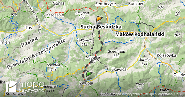 Trasa: Zawoja, Centrum – Sucha Beskidzka | mapa-turystyczna.pl