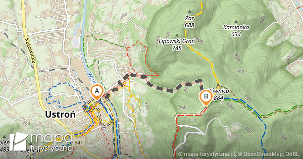 Trasa: Ustroń, dworzec kolejowy – Gościniec Równica | mapa-turystyczna.pl