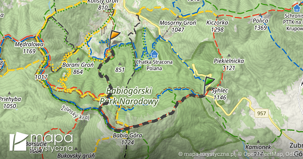 Trasa: Przełęcz Krowiarki – Zawoja, Markowa | mapa-turystyczna.pl