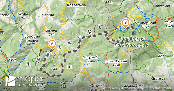 Trasa: Korbielów, zajazd – Zawoja, Markowa | mapa-turystyczna.pl