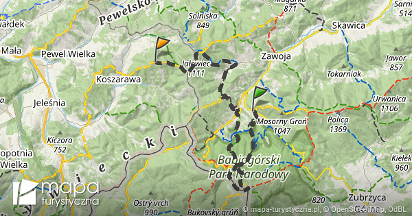 Trasa z: Zawoja, Podryzowane | mapa-turystyczna.pl