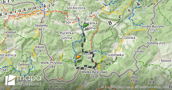 Trasa z: Rycerka Dolna, odejście szlaku niebieskiego | mapa-turystyczna.pl
