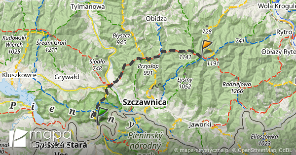 Trasa: Schronisko PTTK Trzy Korony – Schronisko PTTK Przehyba | mapa ...